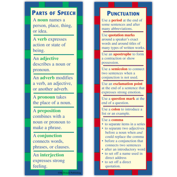 Parts of Speech & Punctuation Smart Bookmarks - TCRK1151 | Teacher ...
